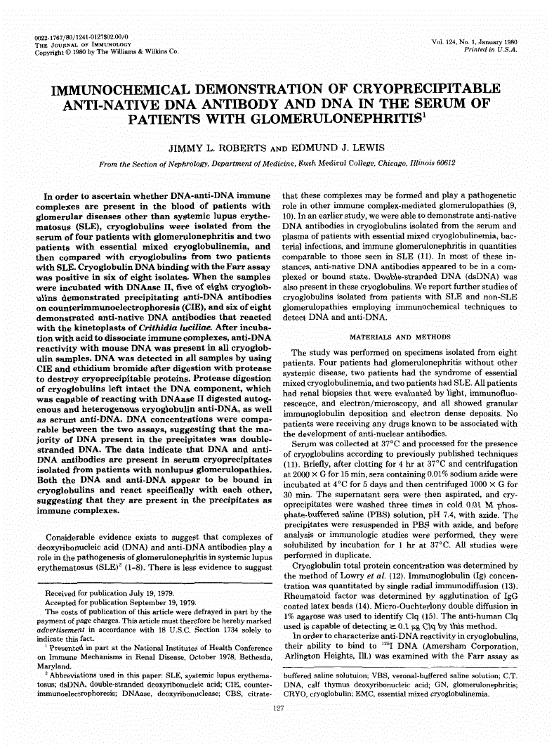 Immunochemical demonstration of cryoprecipitable anti-native DNA antibody and DNA in the serum ...
