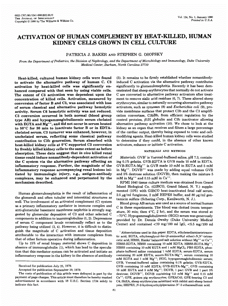 Activation of human complement by heat-killed, human kidney cells grown ...