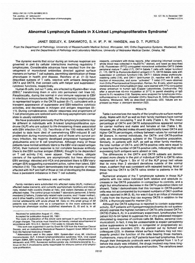 Abnormal lymphocyte subsets of X-linked lymphoproliferative syndrome ...