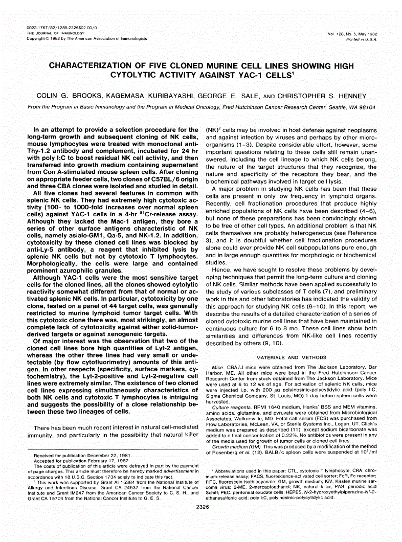 Characterization of five cloned murine cell lines showing high cytolytic activity against YAC-1 ...