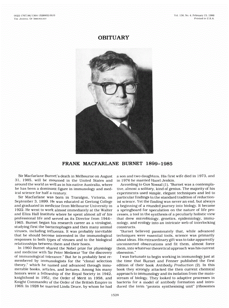 Obituary: Frank Macfarlane Burnet 1899-1985 | The Journal of Immunology ...