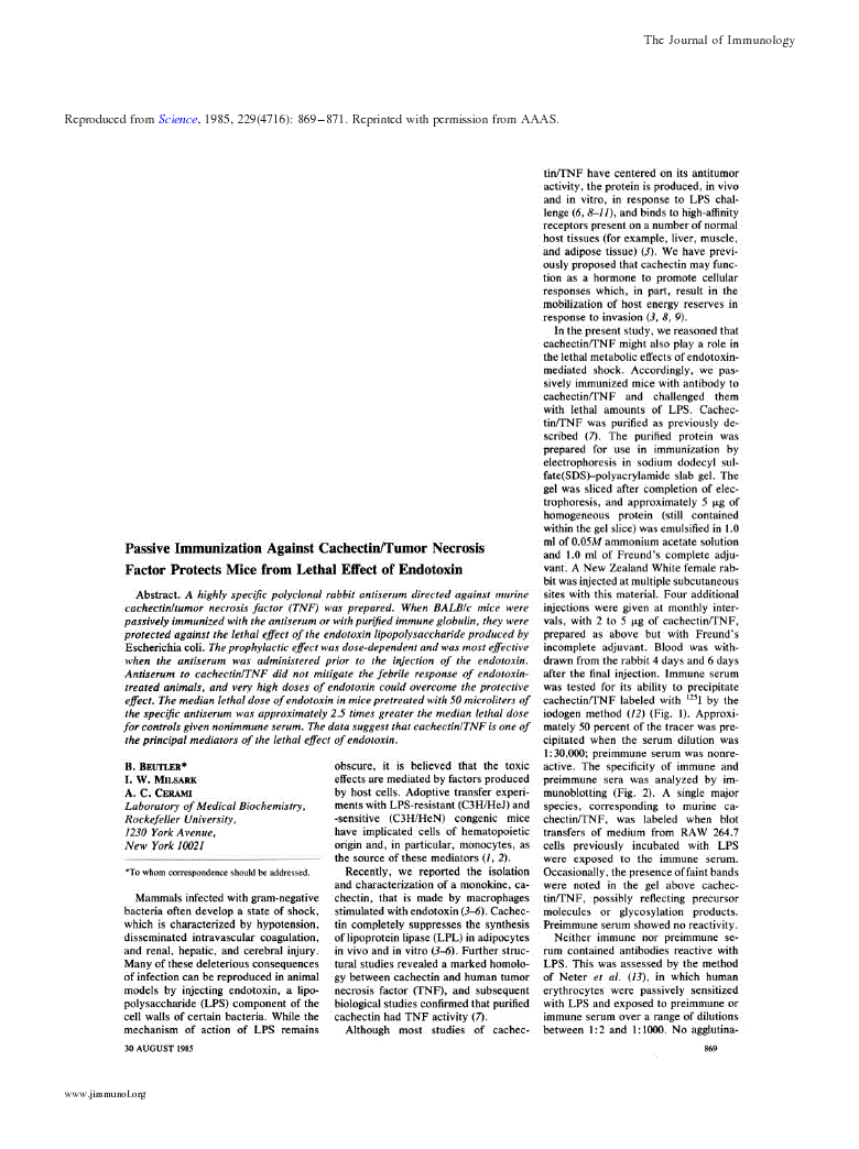 Pillars Article: Passive Immunization Against Cachectin/Tumor Necrosis ...