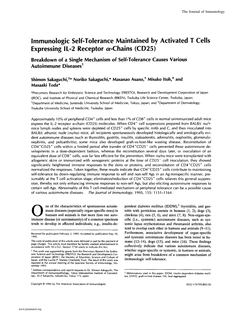 Pillars Article: Immunologic Self-Tolerance Maintained by Activated T Cells Expressing IL-2 ...